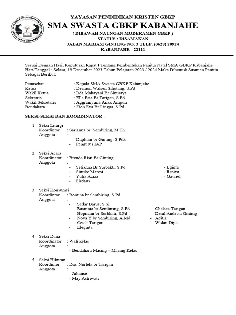 Panitia Natal Tahun 2023 | PDF