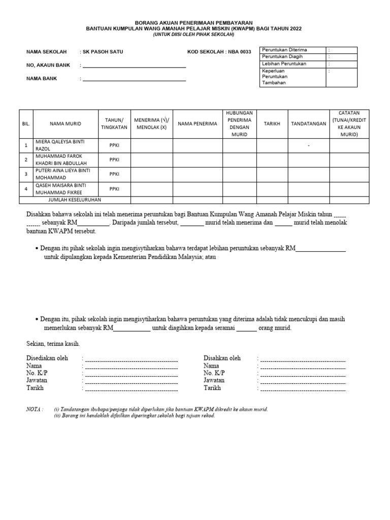 Lampiran Borang Akuan Penerimaan Bantuan Kwapm Mulai 2022 | PDF