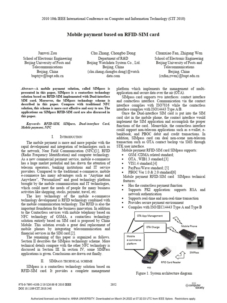 Mobile Payment Based On RFID-SIM Card | PDF