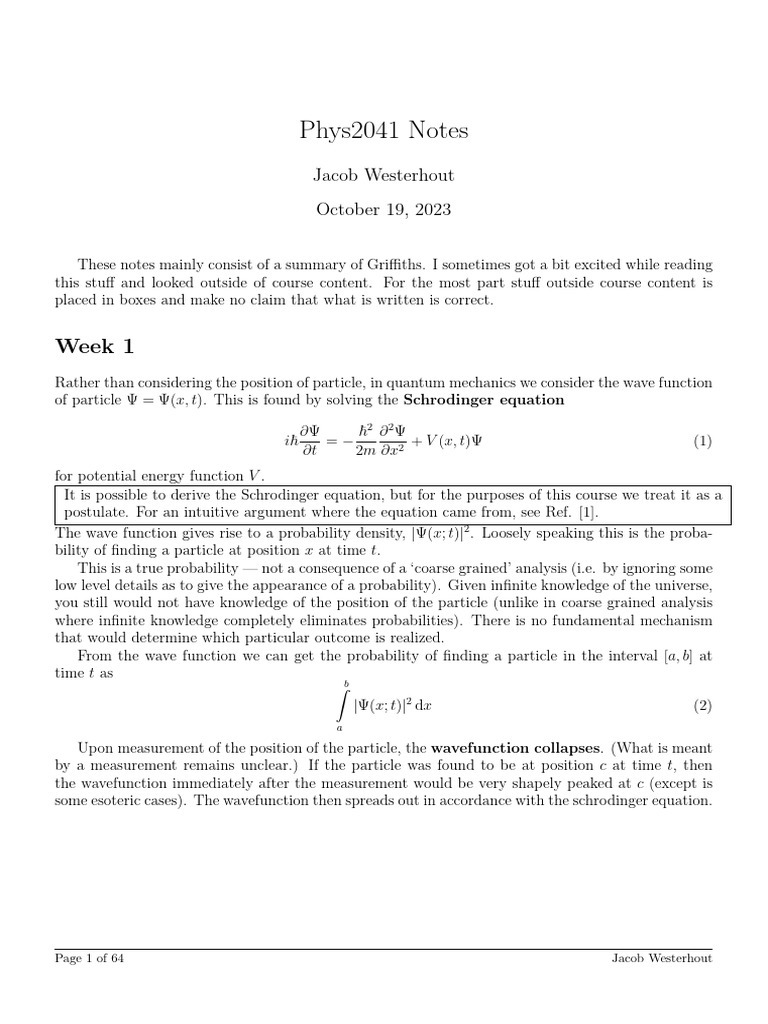 Notes | PDF | Wave Function | Quantum Mechanics