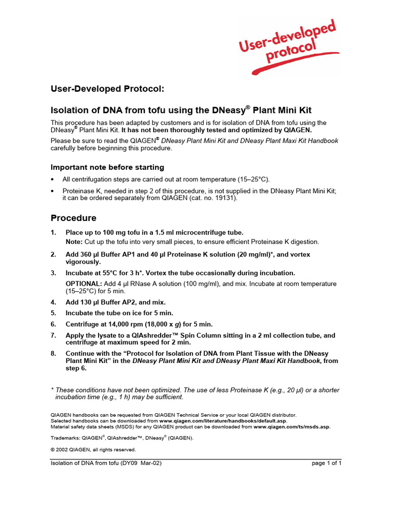DY09 Isolation of DNA From Tofu Using The DNeasy Plant Mini Kit | PDF