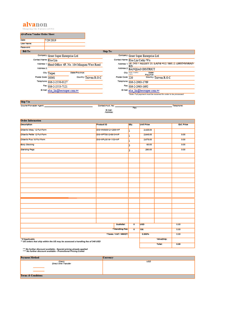 Alva Form Order Sheet | PDF | Invoice | Receipt