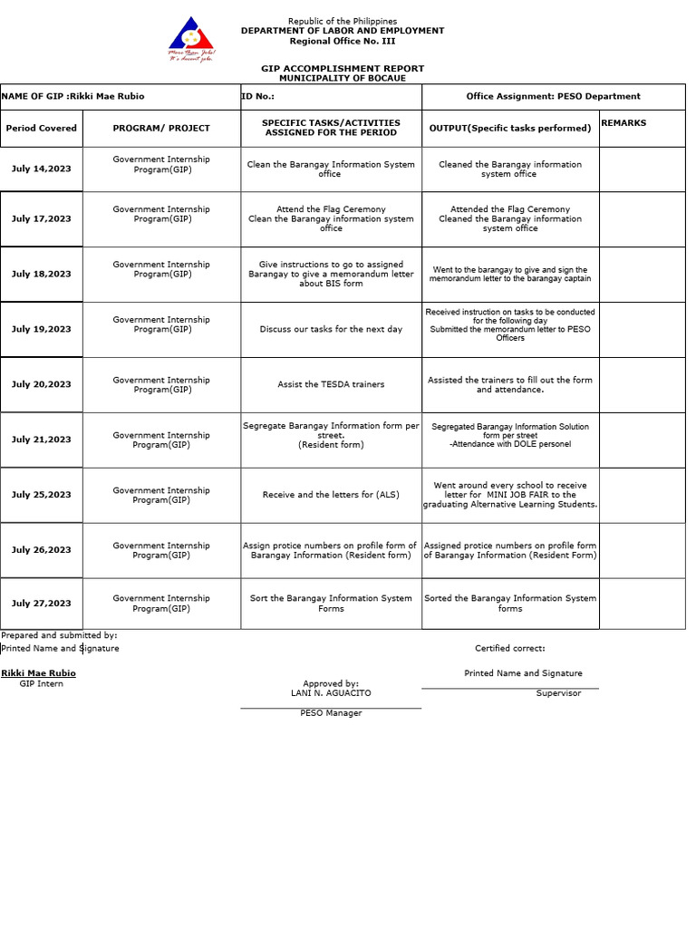 GIP Accomplishment Report: Bocaue | PDF | Business | Labor