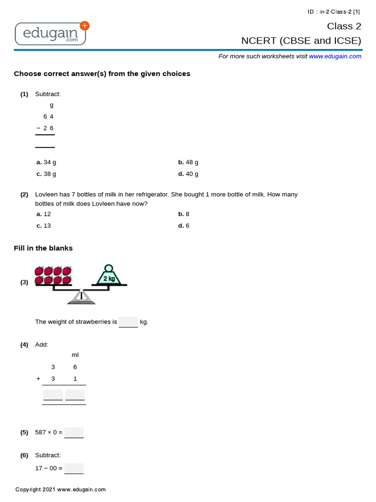 Grade 2 Class 2 in | PDF | Subtraction | Elementary Mathematics