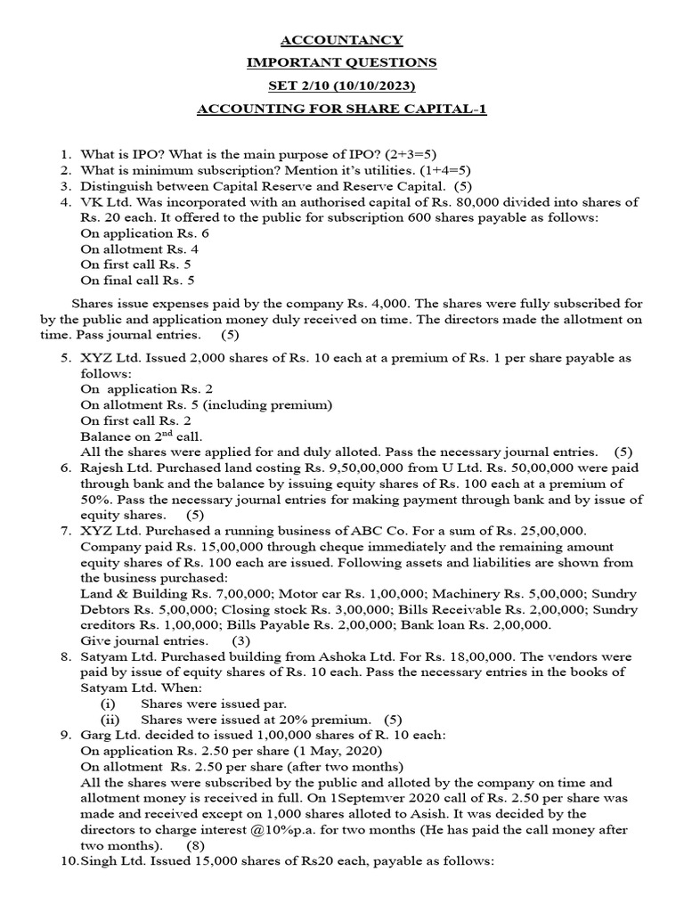 ACCOUNTING FOR SHARE CAPITAL PART-1 (Extra Questions) | PDF | Equity ...