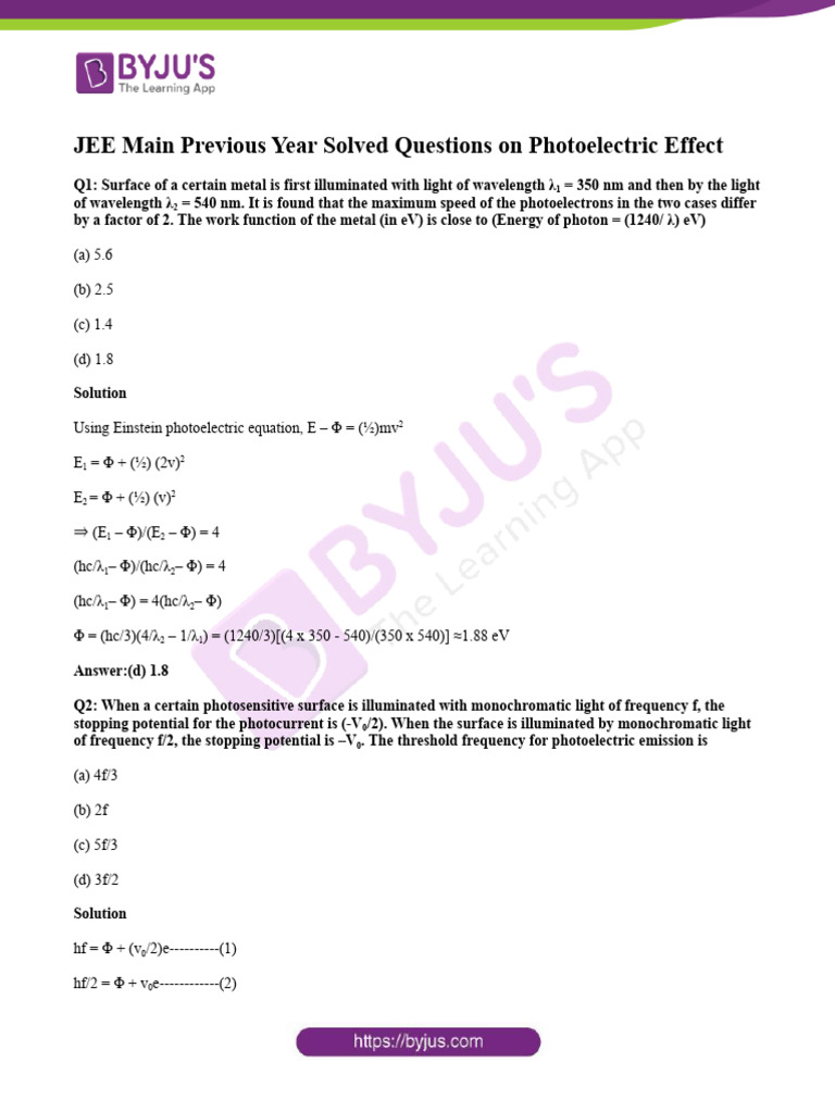PYQ of Photoelectric-Effect | PDF | Photoelectric Effect | Electronvolt