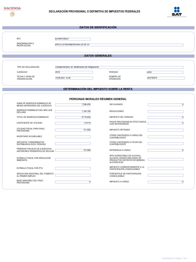 Declaracion Compl P.P. ISR Junio 2018 | PDF | Impuesto sobre la renta | Impuestos