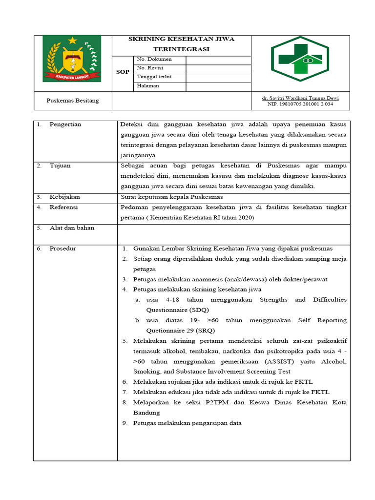 SOP-skrining-kesehatan JIWA | PDF | Sains & Matematika