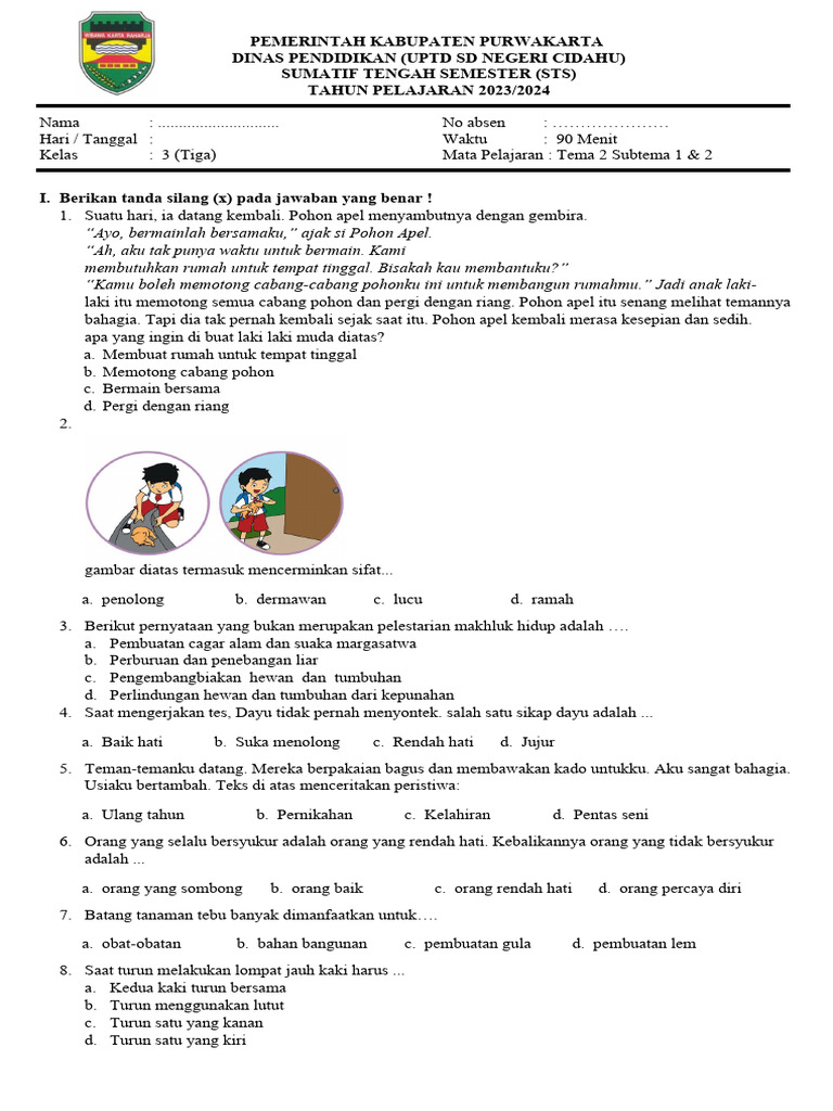 Soal PTS Kelas 3 Tema 2 Sub 1&2 | PDF