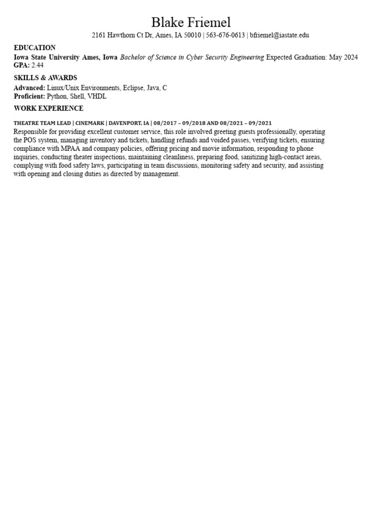 Blake Friemel Resume | PDF | Business | Computers