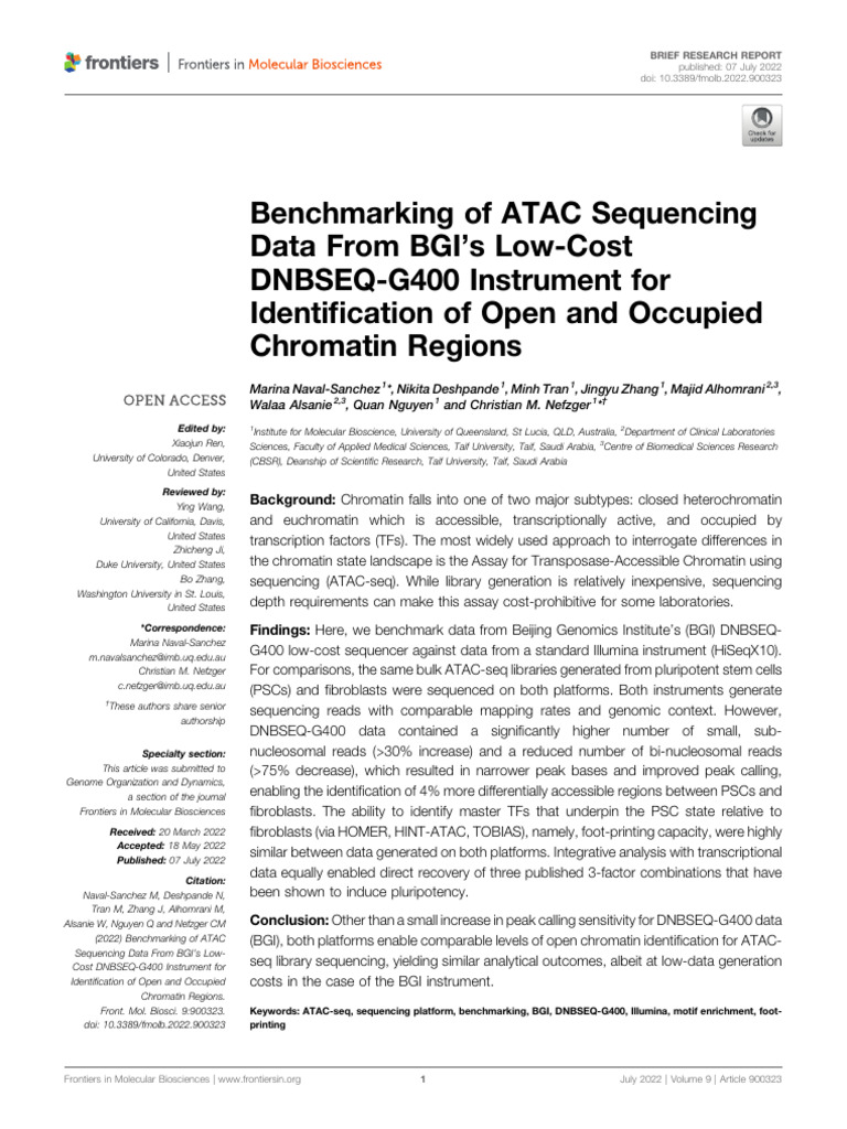 Benchmarking of ATAC Sequencing Data From BGI's Low-Cost DNBSEQ-G400 ...