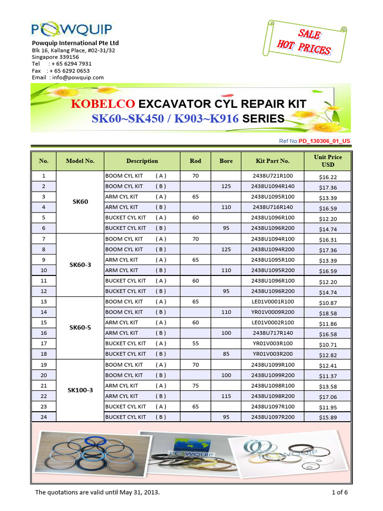 Kobelco Excavator Cyl Repair Kit SK60 SK450 K903 K916 Series | PDF | Engineering | Industrial ...