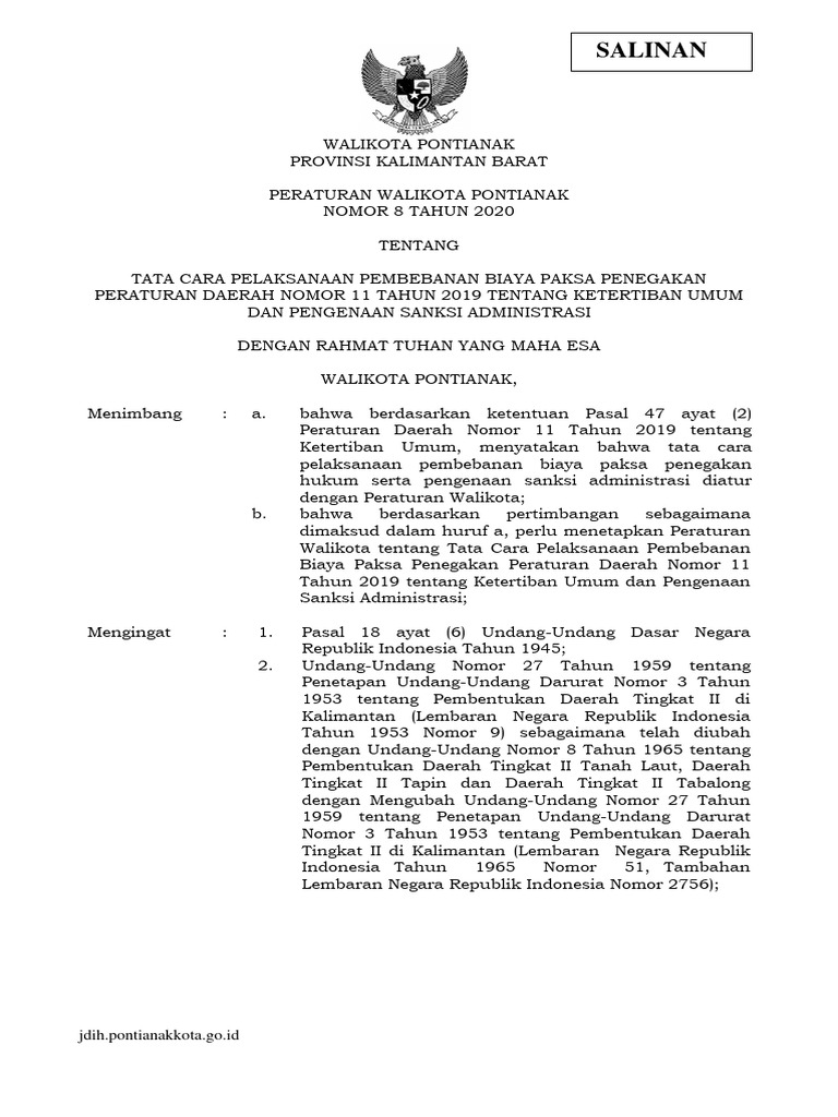 Perwa Kota Pontianak Nomor 8 Tahun 2020 | PDF