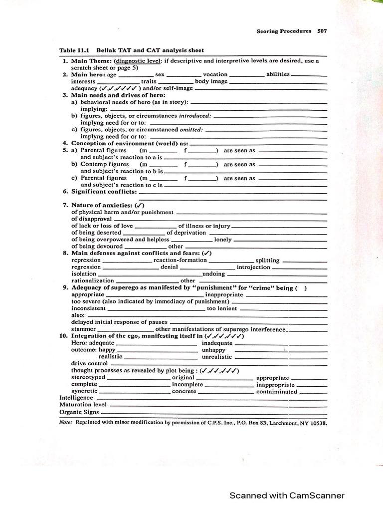 Bellak TAT CAT Analysis Sheet | PDF