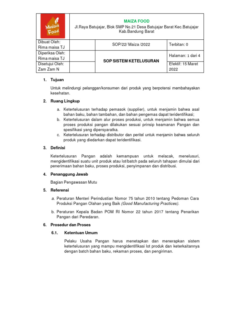 SOP Sistem Ketelusuran Dan Penarikan Produk Pangan | PDF