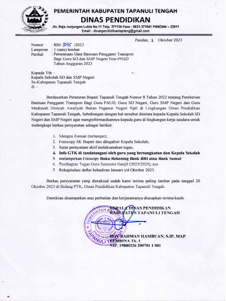 Bantuan Pengganti Transport BG Guru Honor TA 2023 | PDF