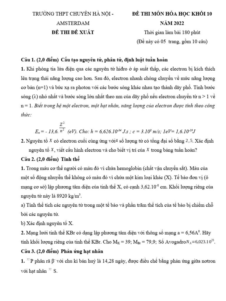 Đề thi đề xuất-Hóa 10 DHBB 2022 Ams | PDF