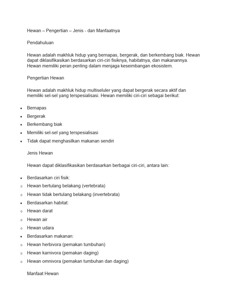 Hewan, Pengertian, Jenis, Dan Manfaatnya | PDF Hewan, Pengertian, Jenis, Dan Manfaatnya | PDF