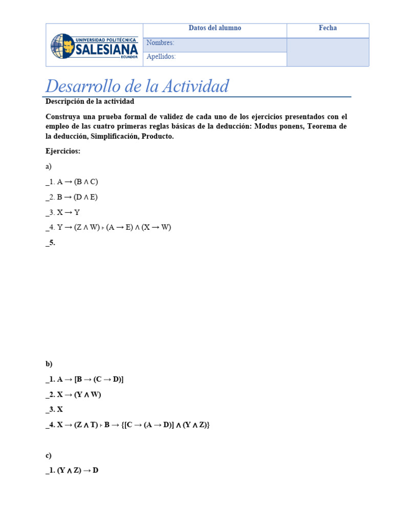 Desarrollo de La Actividad: A) - 1. A (B C) - 2. B (D E) - 3. X Y - 4. Y (Z W) (A E) (X W) | PDF