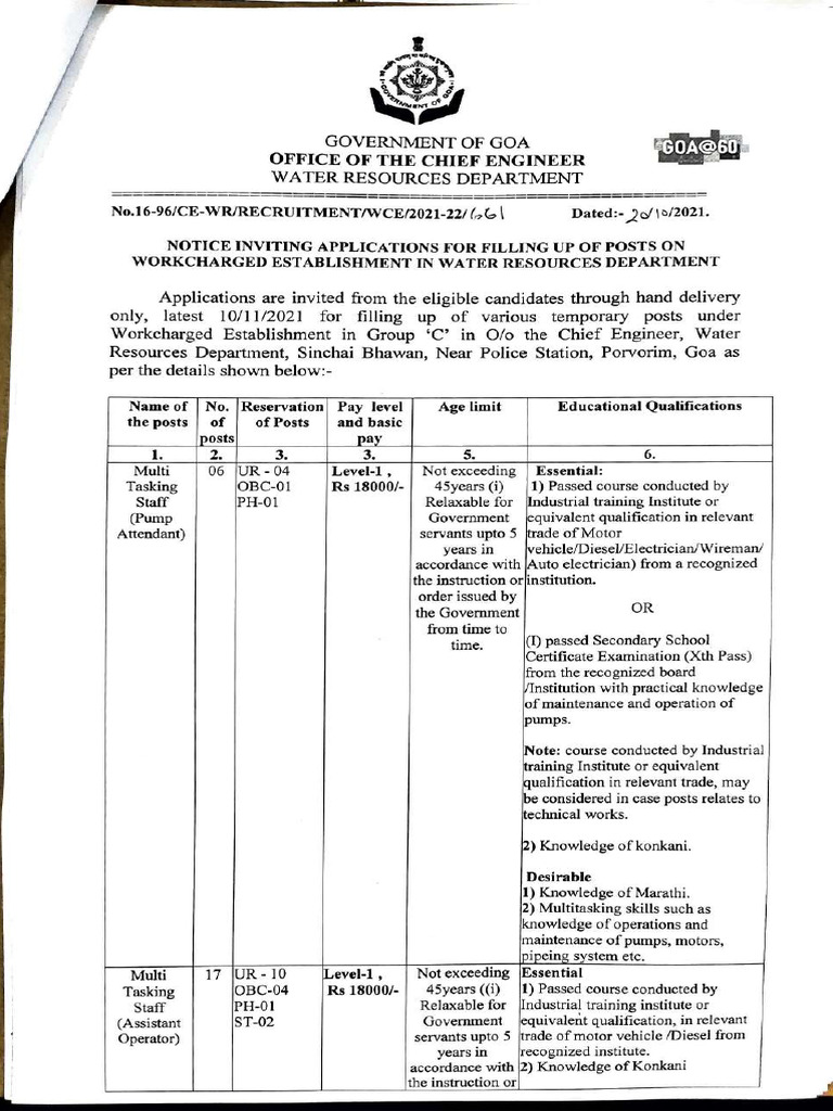WRD Goa Recruitment 2021 Notice | PDF