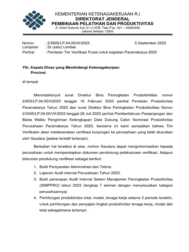 Surat Kunjungan Verifikasi Paramakarya 2023 Rev | PDF