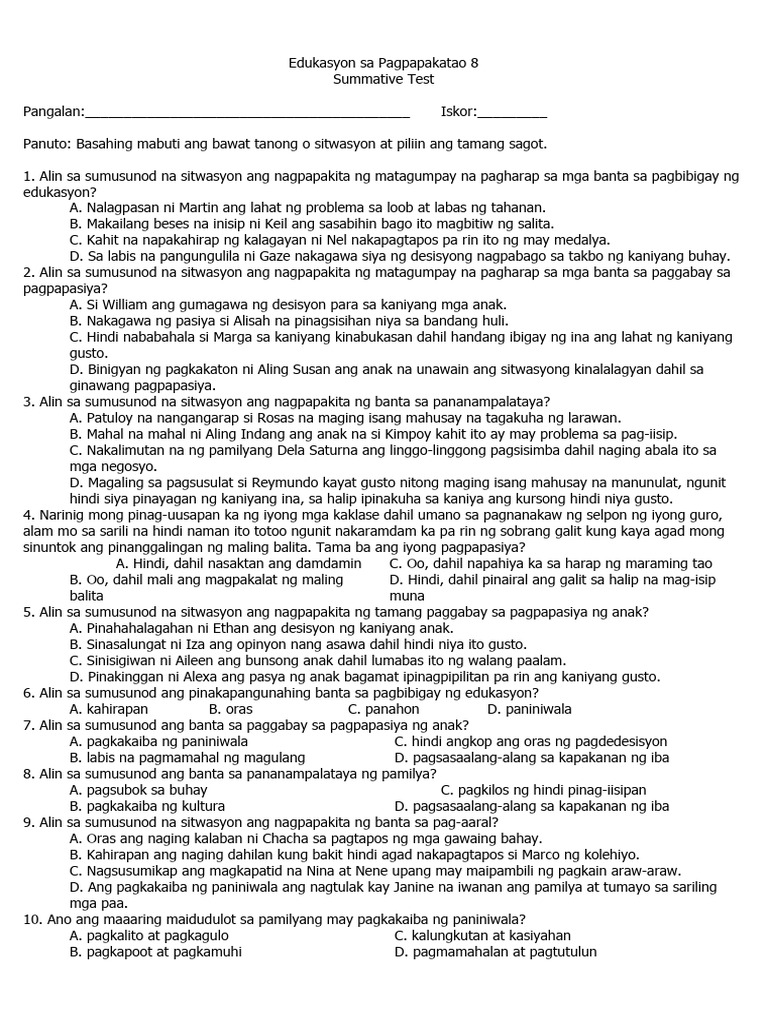 EsP8 Summative | PDF