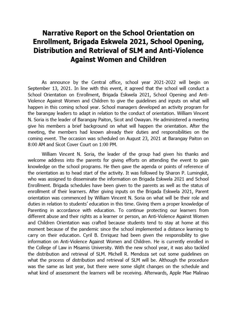 Narrative Report On The School Orientation On Enrollment | PDF