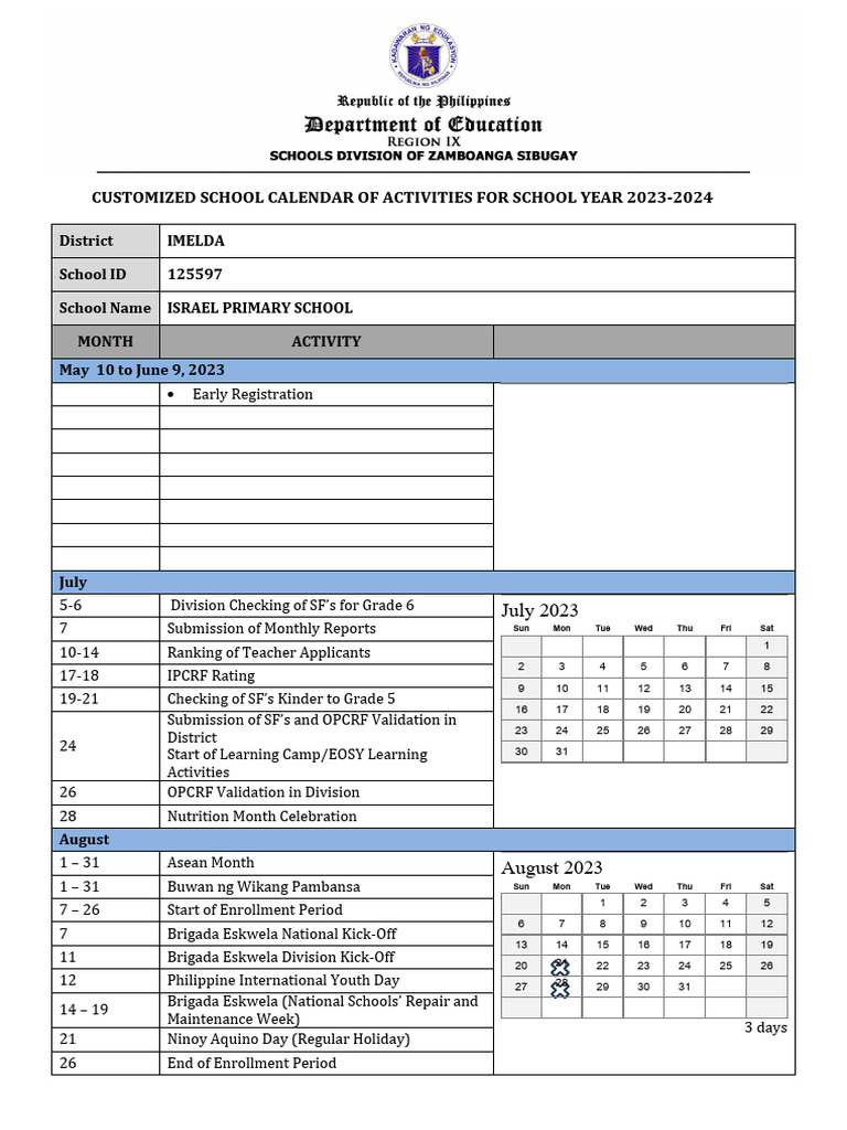 School Calendar of Activities 2023 2024 IMMES | PDF
