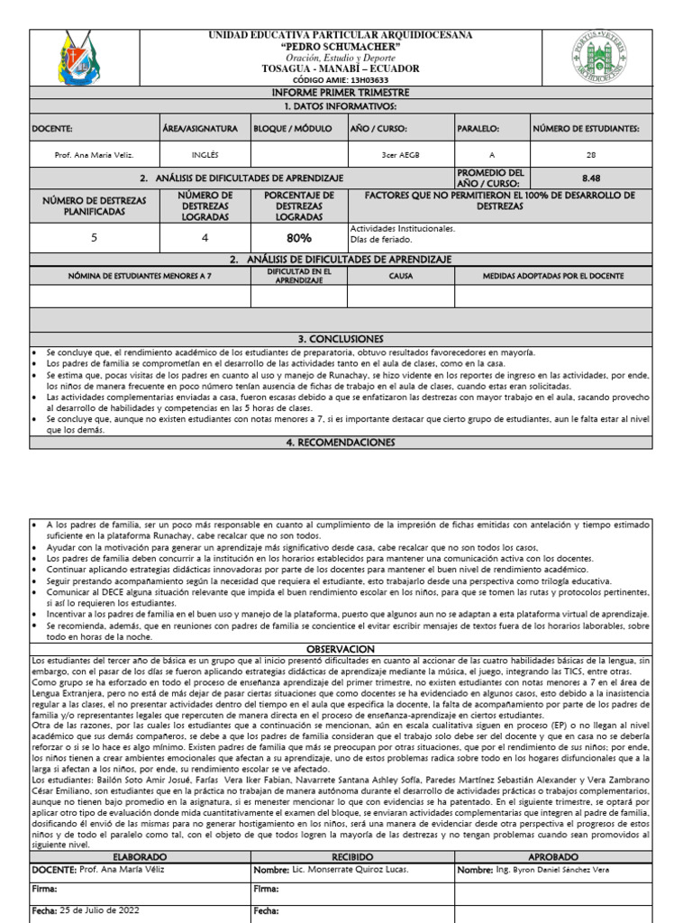 Informe Trimestral Tercer Grado Primaria | PDF | Enseñando | Aprendizaje