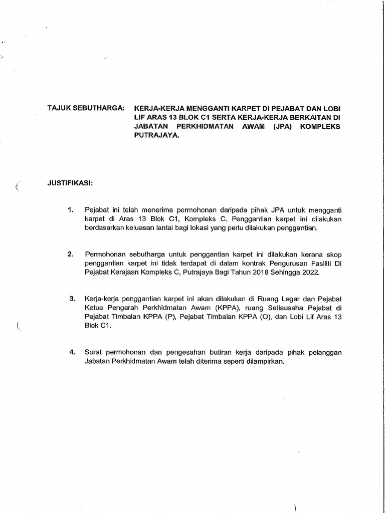 Dokumen Lengkap Sebutharga Karpet JPA Kompleks C | PDF