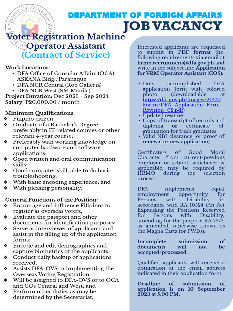 Voter Registration Machine Operator Assistant - Contract of Service ...