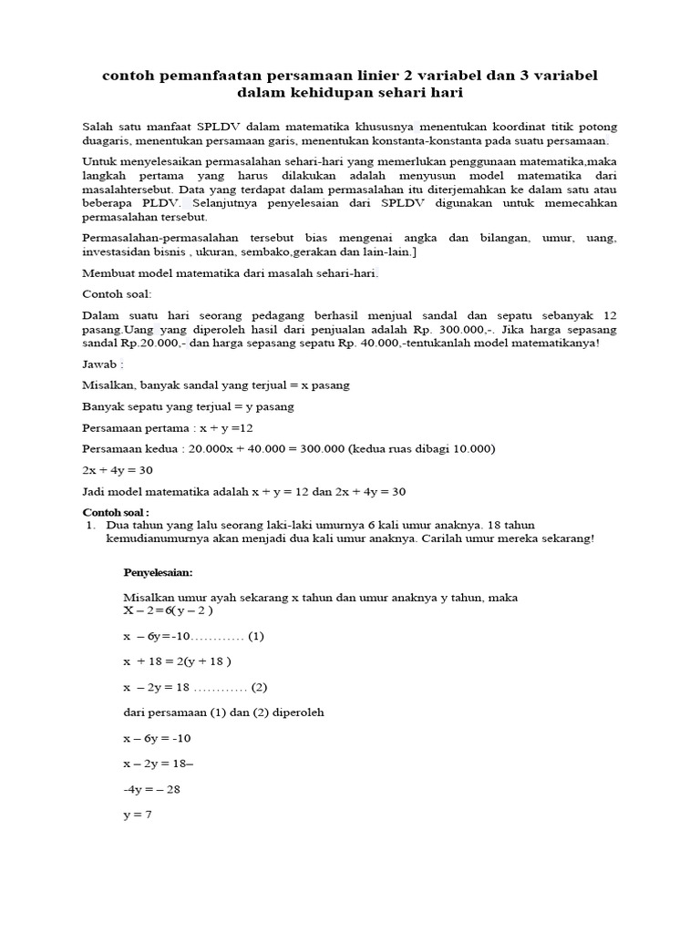 Contoh Pemanfaatan Persamaan Linier 2 Variabel Dan 3 Variabel Dalam ...