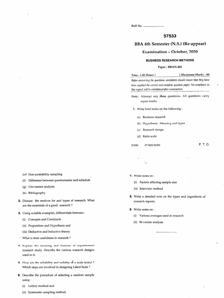 Bba 4 Sem Business Research Methods 57533 Oct 2020 | PDF