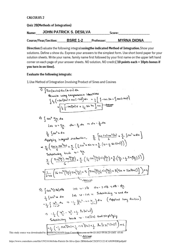John Patrick de Silva Quiz 2B Methods C2S2SY2122 I.C. ANSWERS PDF | PDF ...