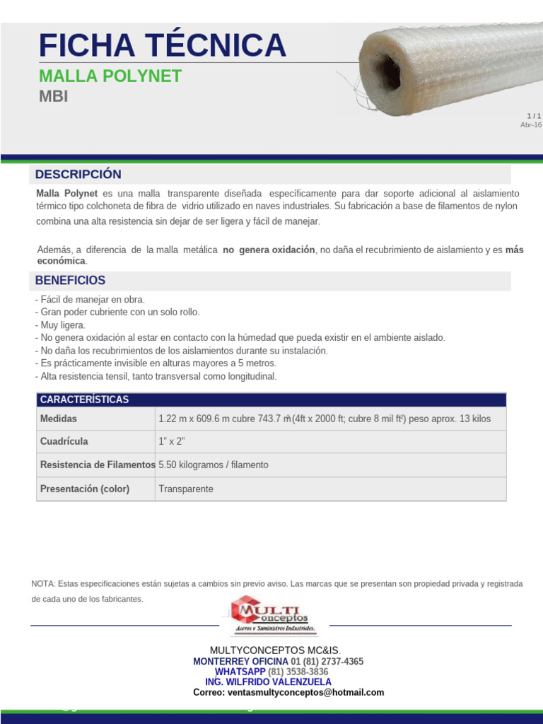 Malla Polynet para Aislamiento Térmico | PDF