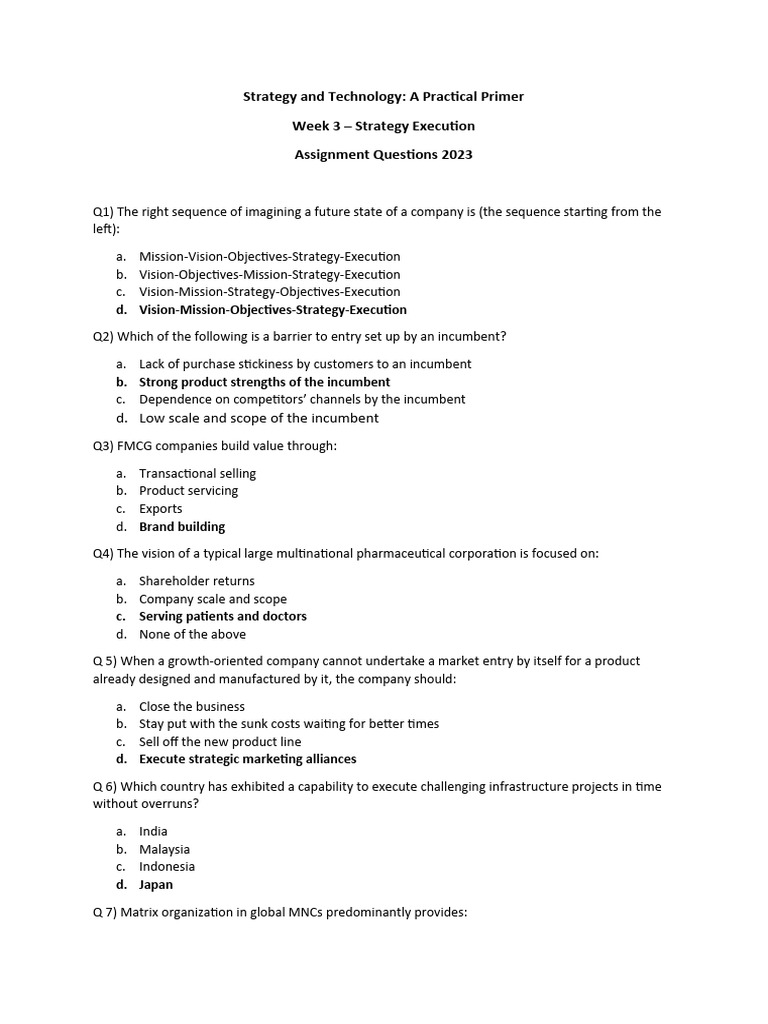 Strategy and Technology: A Practical Primer Week 3 - Strategy Execution Assignment Questions ...
