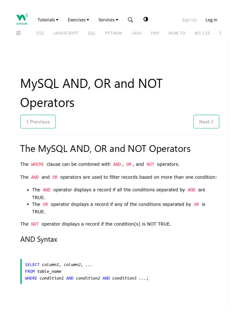 MySQL AND, OR, NOT Operators | PDF | Java Script | Bootstrap (Front End Framework)