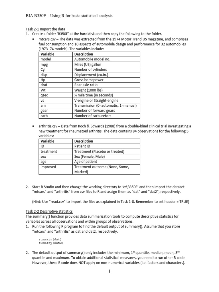 Using R For Basic Statistical Analysis | PDF | Statistics
