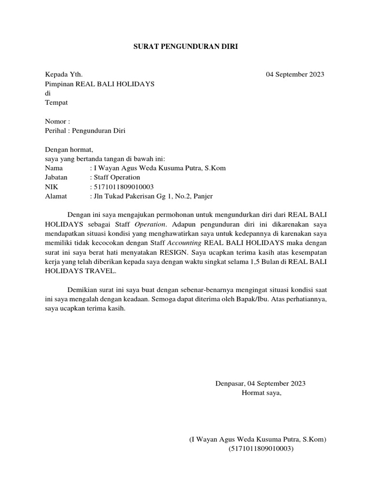 Surat Resign Simple Atau Sederhana | PDF