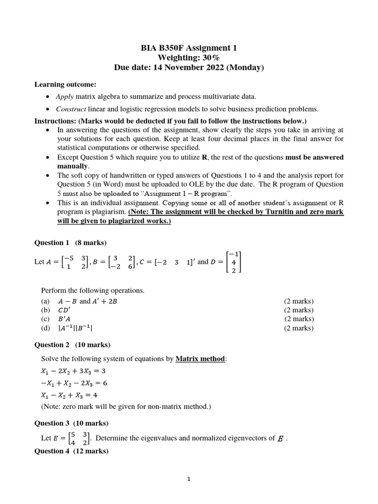 BIA B350F - 2022 Autumn - Assignment 1 | PDF | Regression Analysis ...