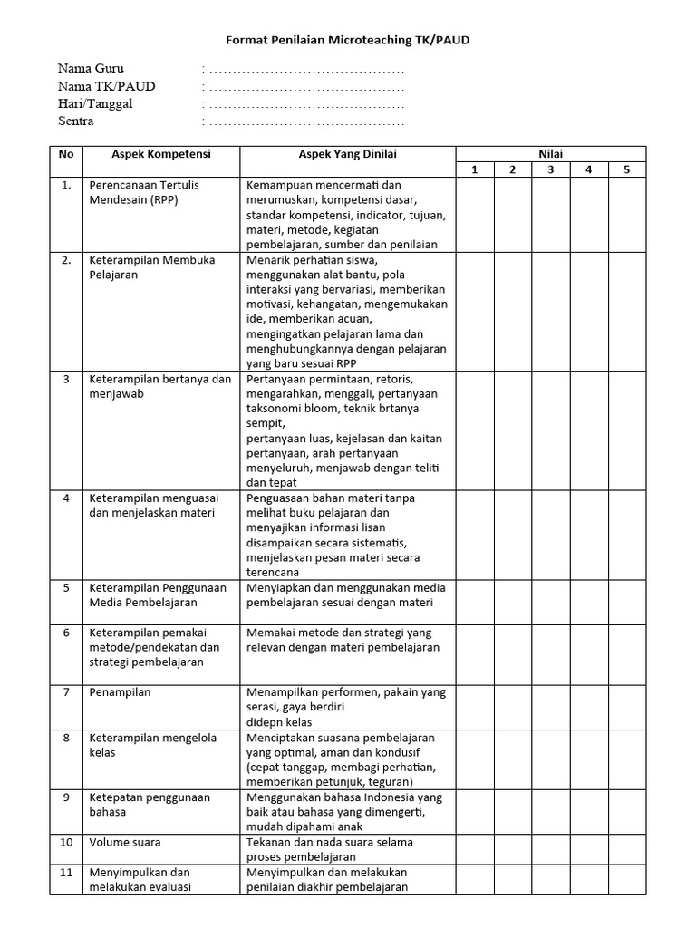 Format Penilaian Microteaching PAUD | PDF