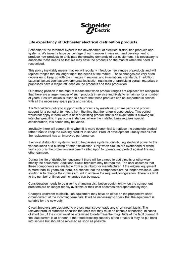 Life Expectancy of Schneider Electrical Distribution Products | PDF ...