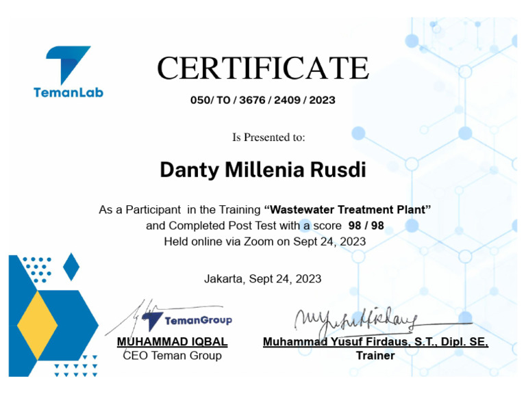Sertifikat Training WWTP - TemanLab | PDF