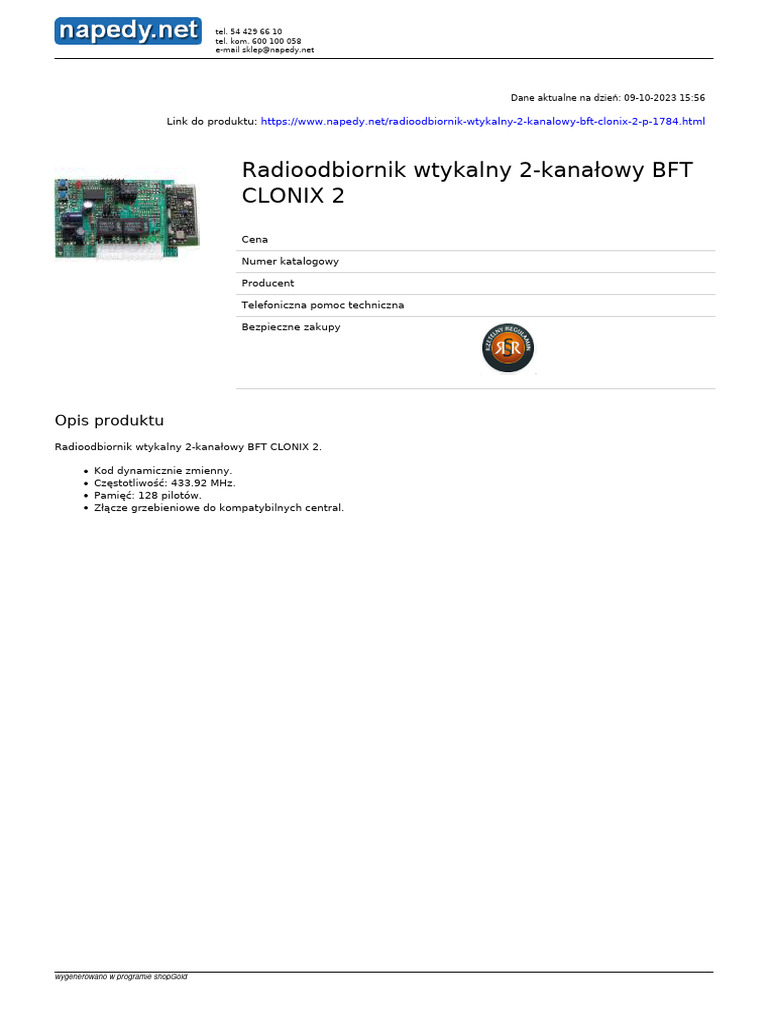 Radioodbiornik Wtykalny 2 Kanalowy BFT Clonix 2 | PDF
