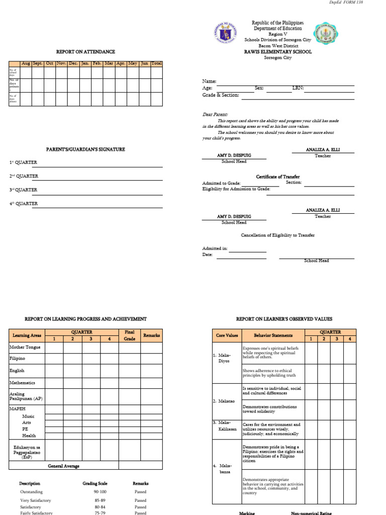 K To 12 FORM 138 - Grade 1-2 | PDF