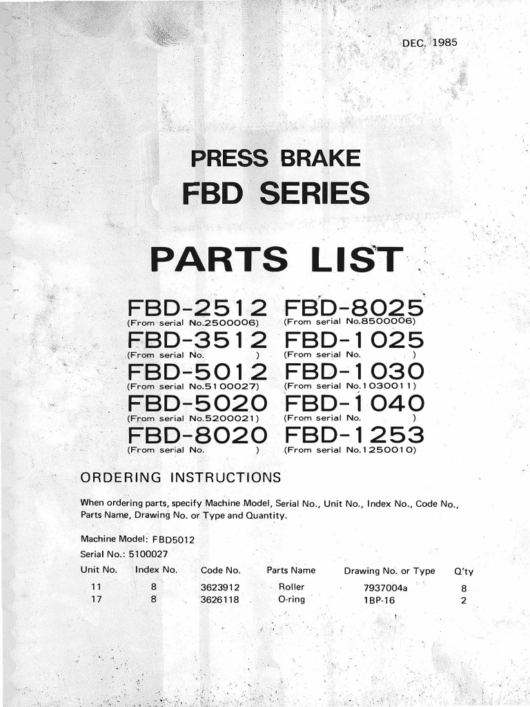 FBD Series Press Brake Parts List | PDF