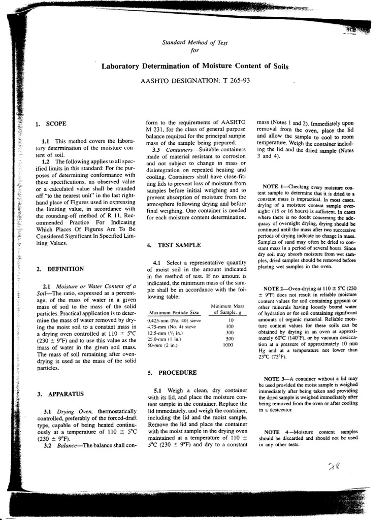 T 265-93 Moisture Content of Soils | PDF