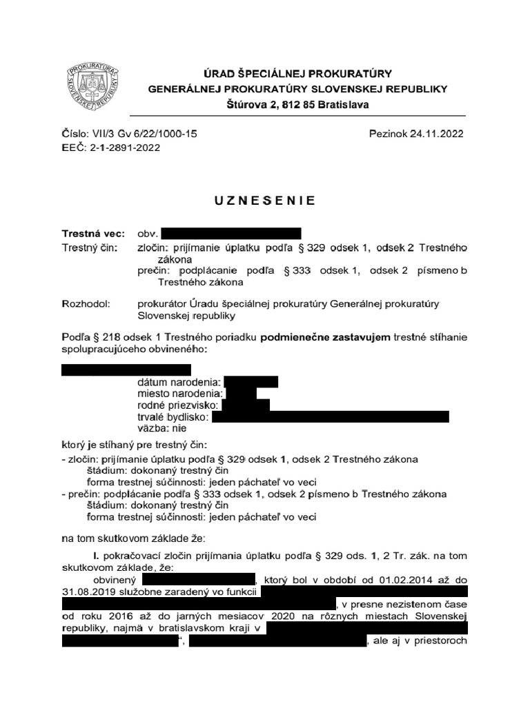 Uznesenie USP Bernard Slobodnik Podminecne Zastavenie Trestneho ...