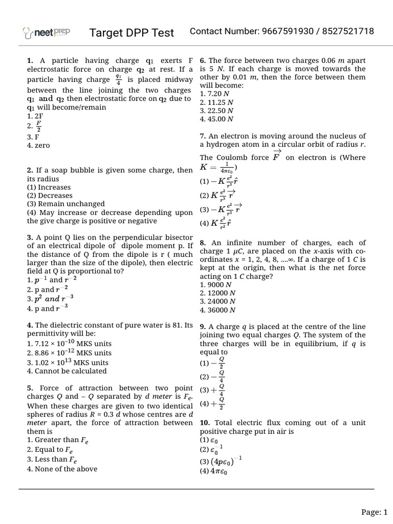 DPP Phy Ch124 - 07 | Download Free PDF | Electric Charge | Force