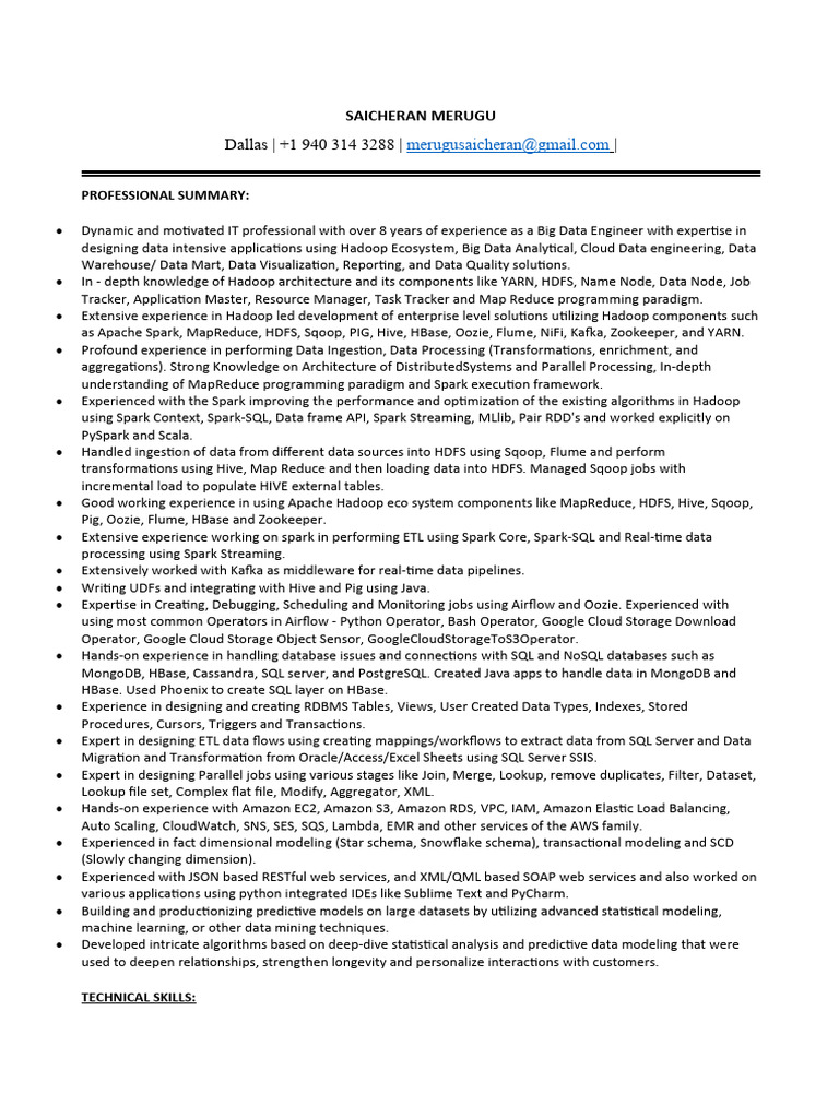De Sample Resume Pdf Apache Spark Apache Hadoop 